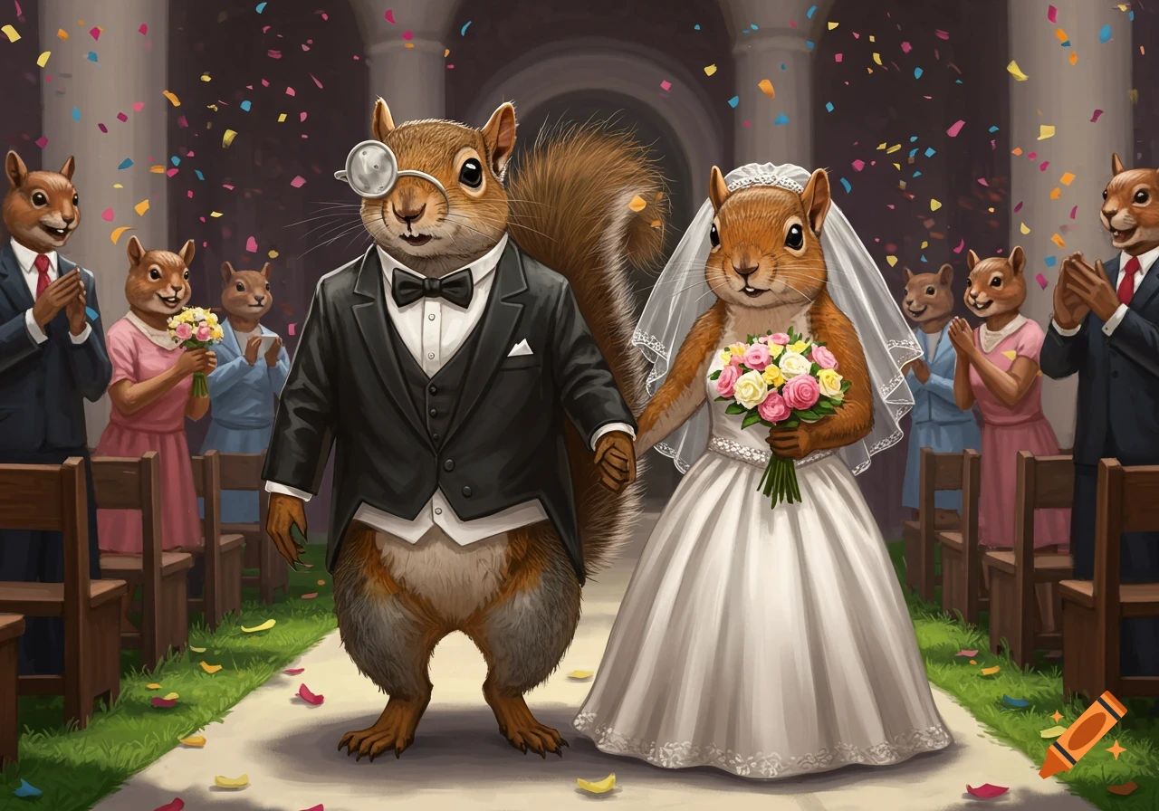 Squirrel wedding with confetti and cheering crowd. on Craiyon