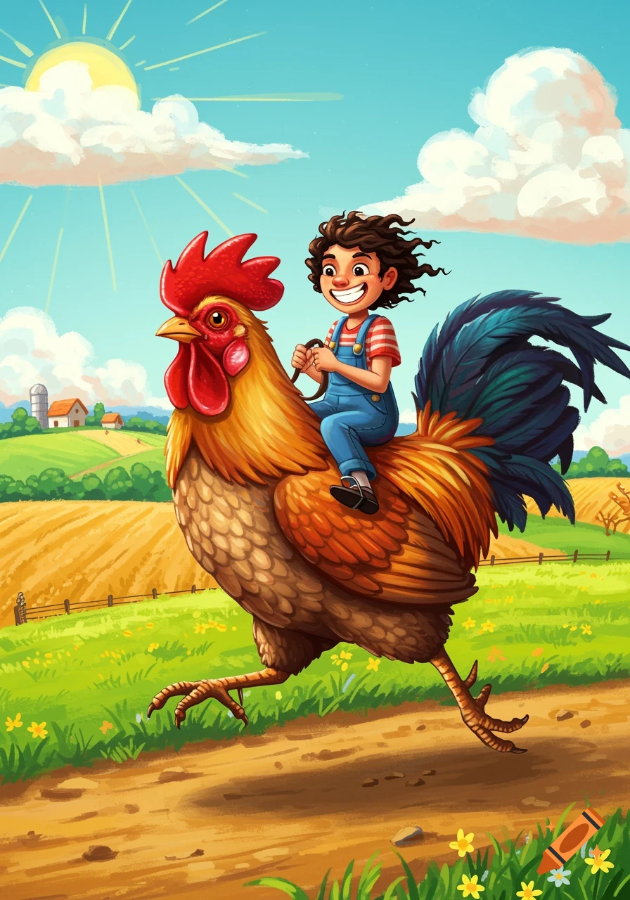 A child rides a giant rooster through a sunny farm field illustration ...