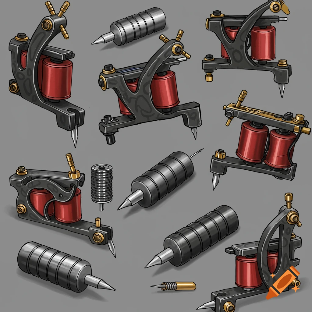 Multiple illustrations of tattoo machines and grips on a grey ...