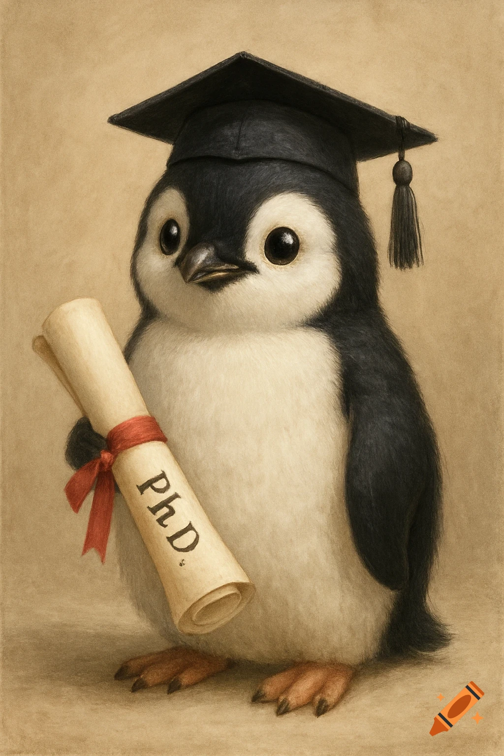 A cute penguin in a graduation cap holding a PhD diploma. on Craiyon