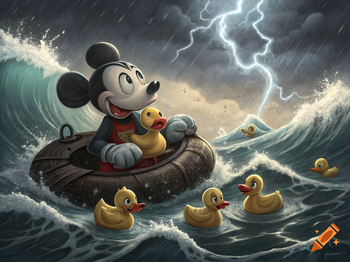 Mickey Mouse in a red Power Ranger suit holds a sword with lightning ...