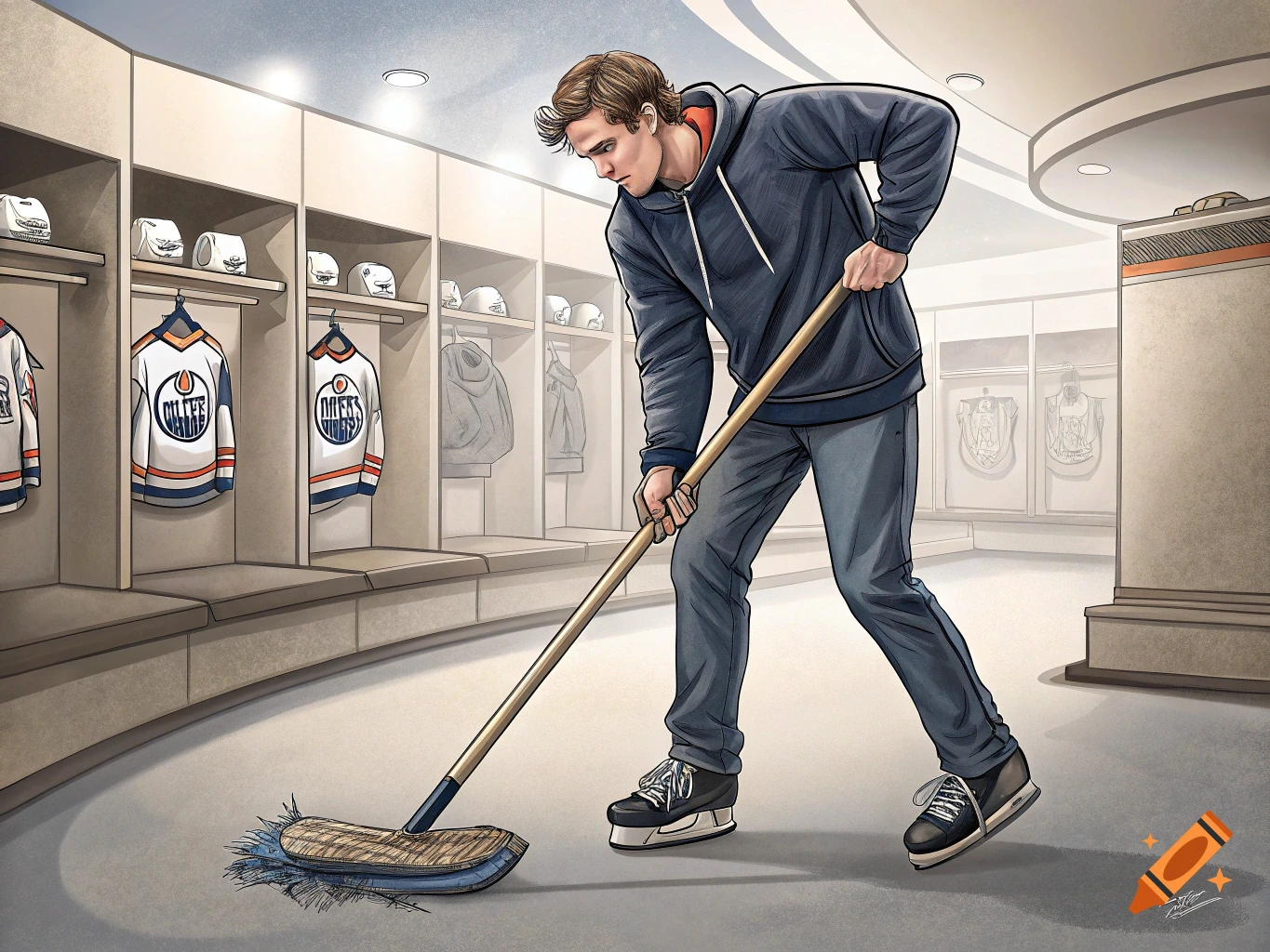 Illustration of Connor McDavid sweeping a hockey locker room floor. on ...