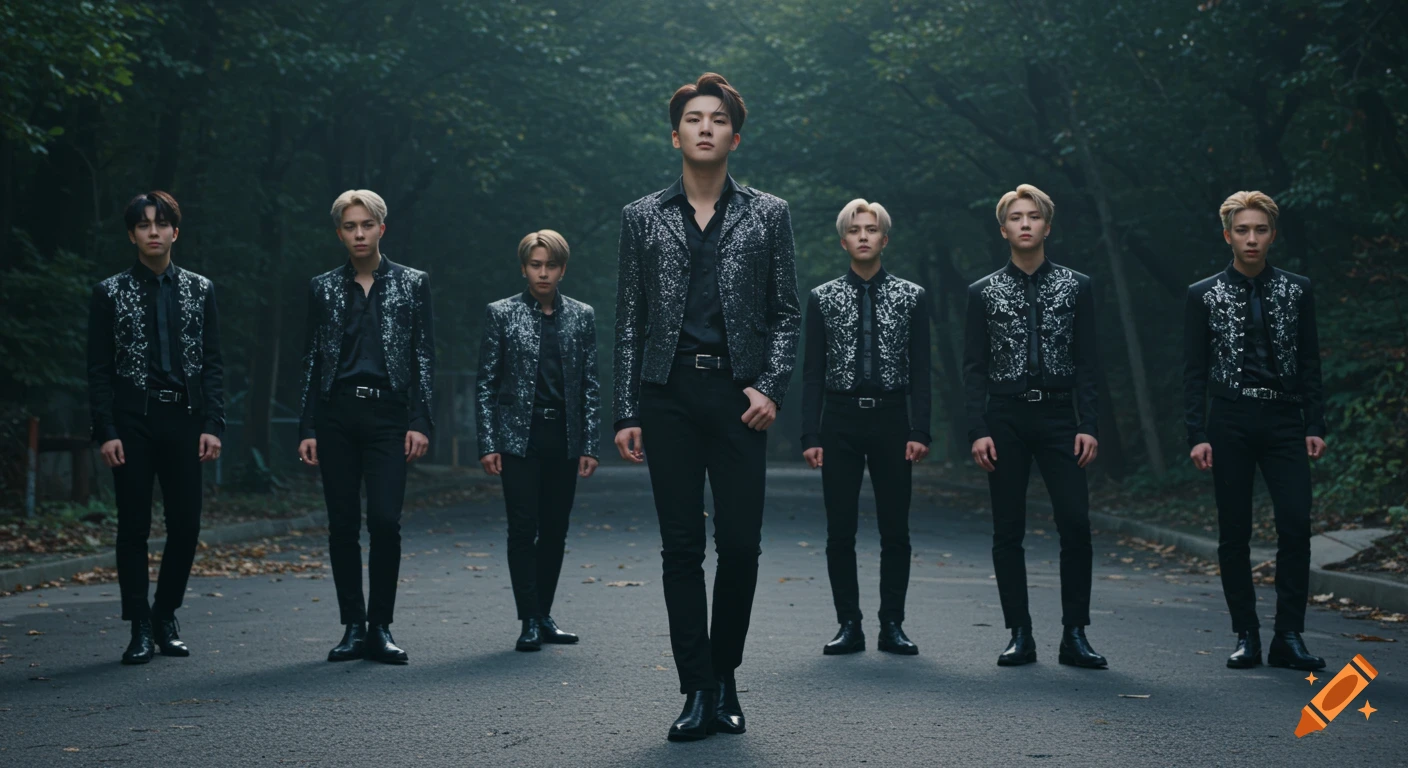 A group of seven men in shiny black and silver suits stand on an ...