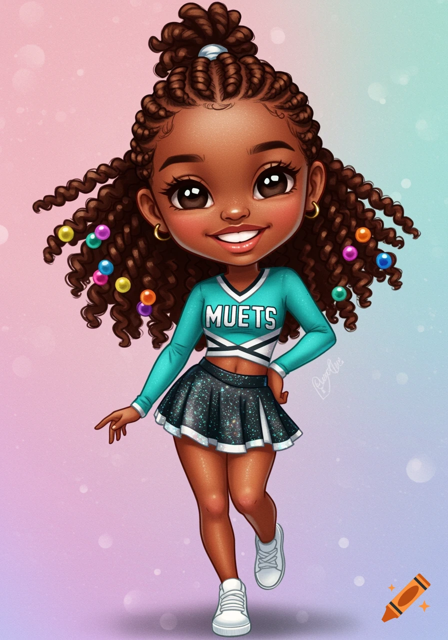 Cute cartoon Black girl in a teal and black cheerleader uniform with braids and colorful beads ...