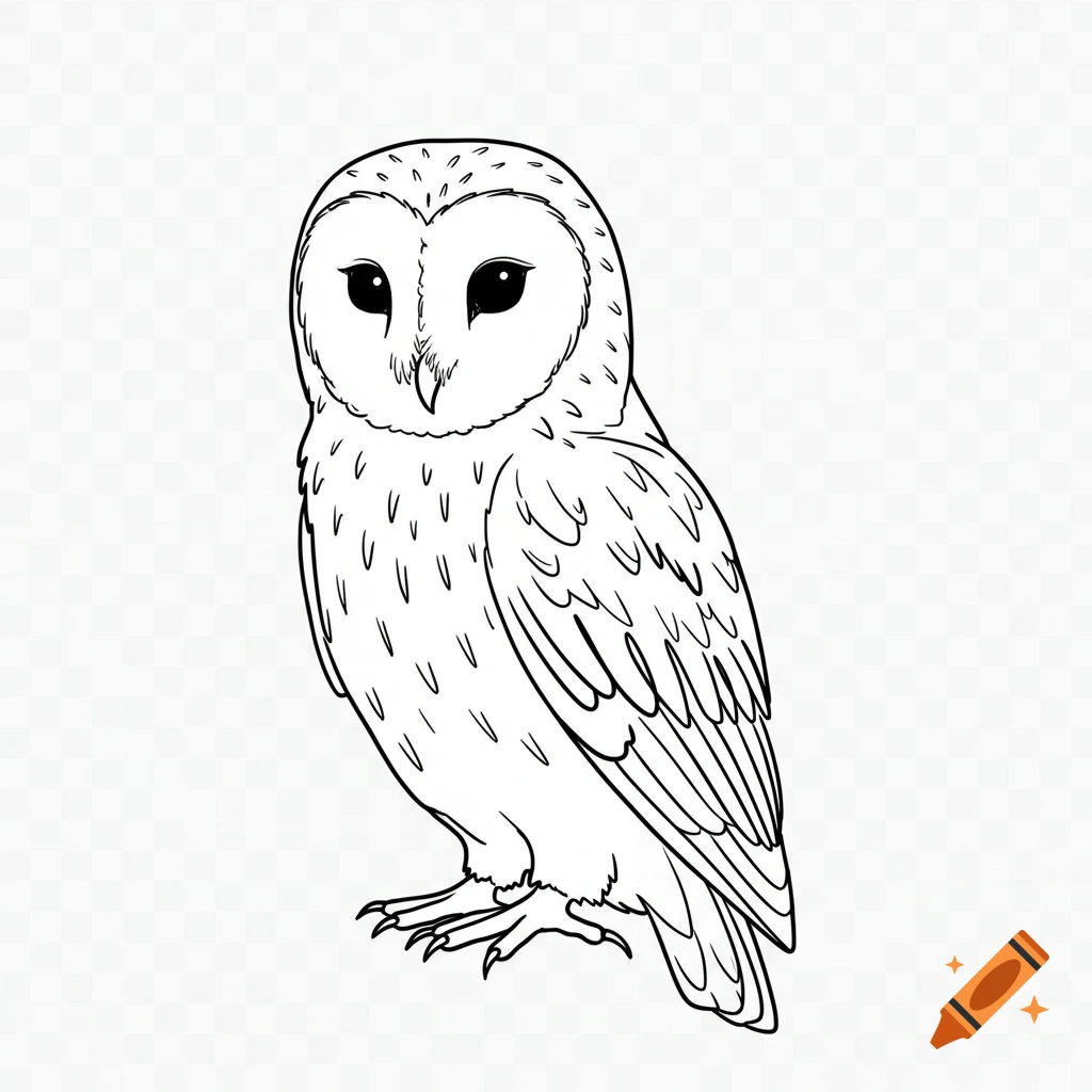 A detailed black and white fine line drawing of an owl's head with ...