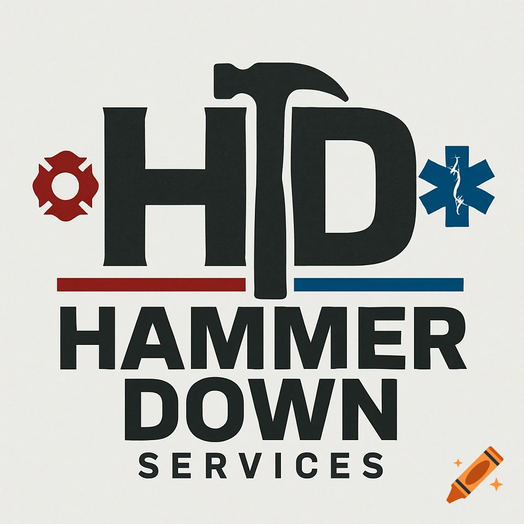 HD Hammer Down Services logo with first responder symbols on Craiyon