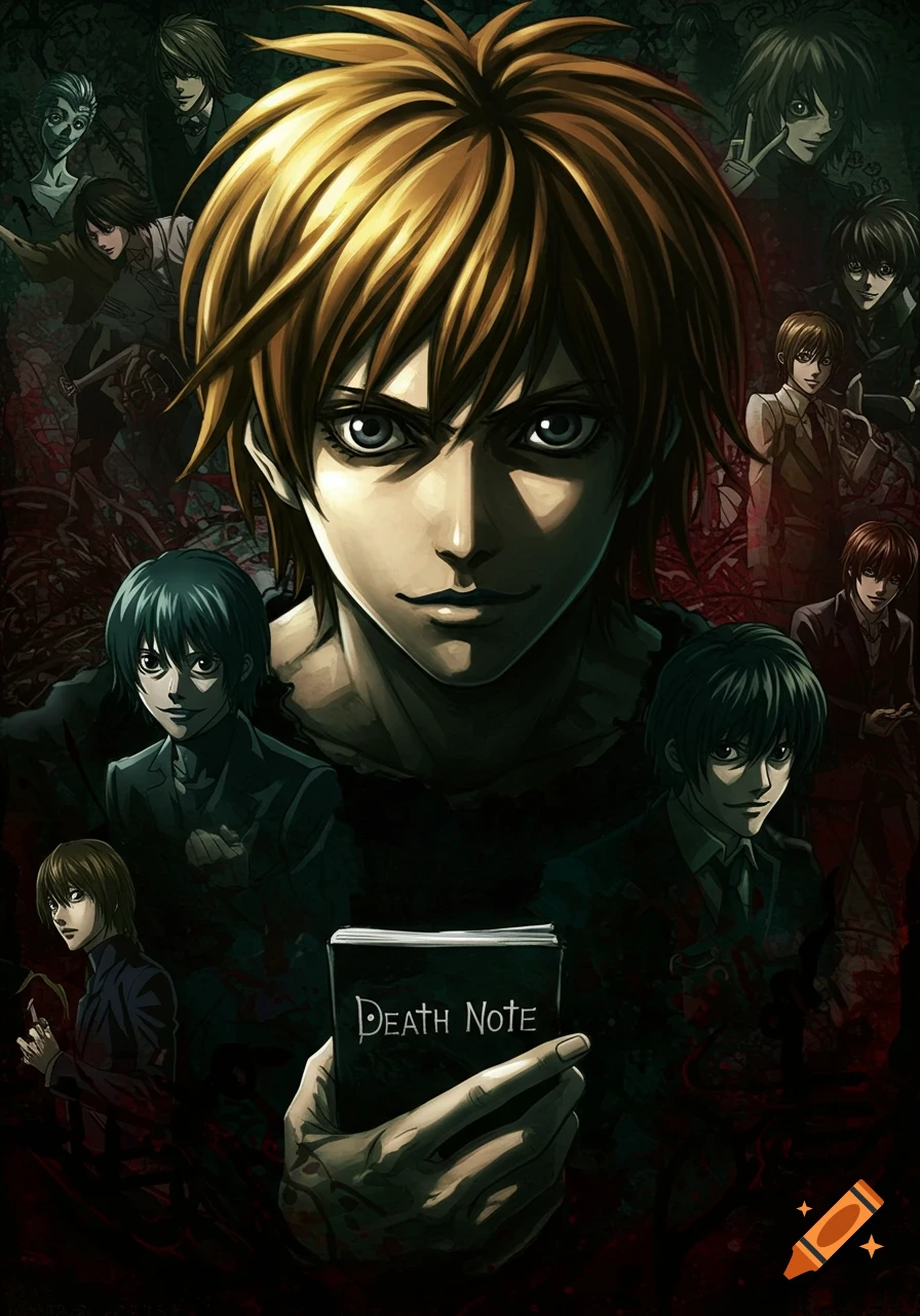 Image of anime characters from Death Note, with one holding the book ...