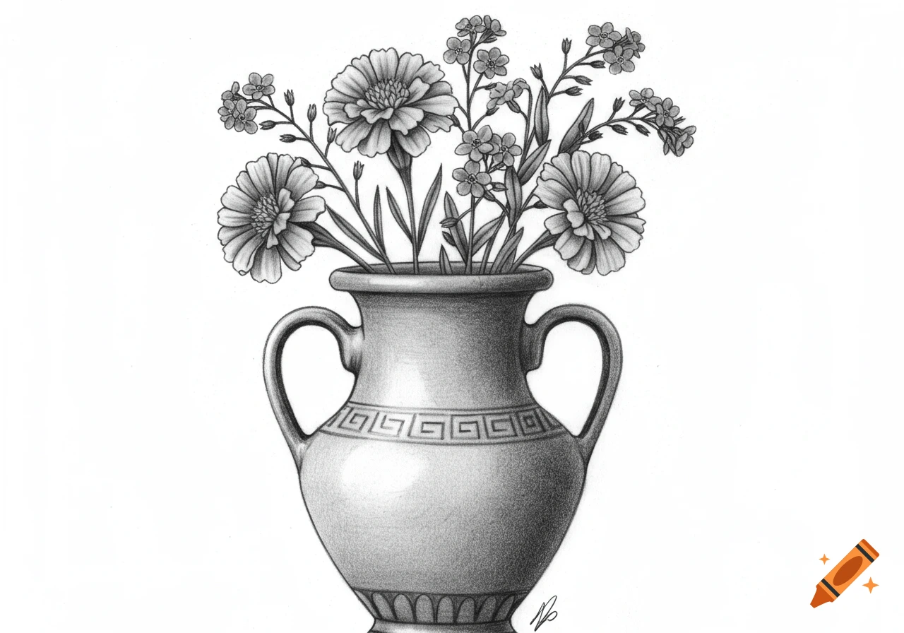 Pencil drawing of marigold and forget-me-not flowers in a vase with a ...