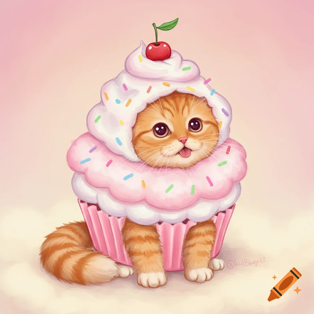 A cute, fluffy pink cat-like creature in a cupcake wrapper, topped with ...