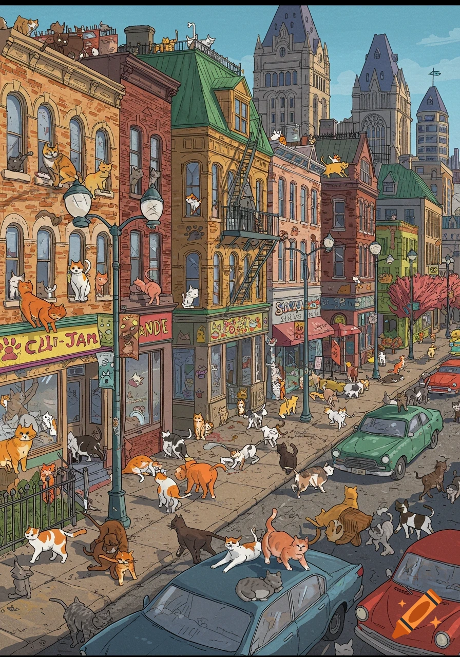 A cartoon illustration of a busy city street overrun by numerous cats ...