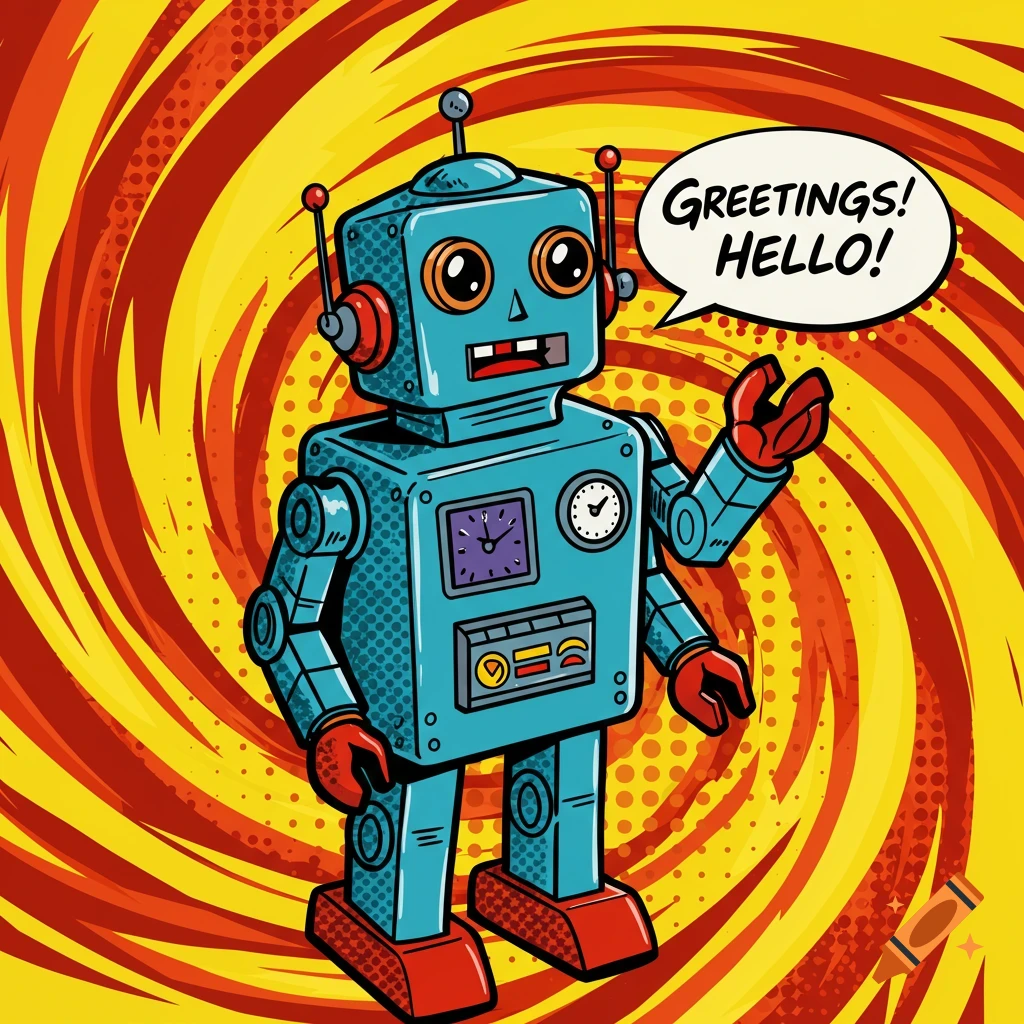 A vintage style robot with glowing red eyes stands against a yellow and teal striped background ...
