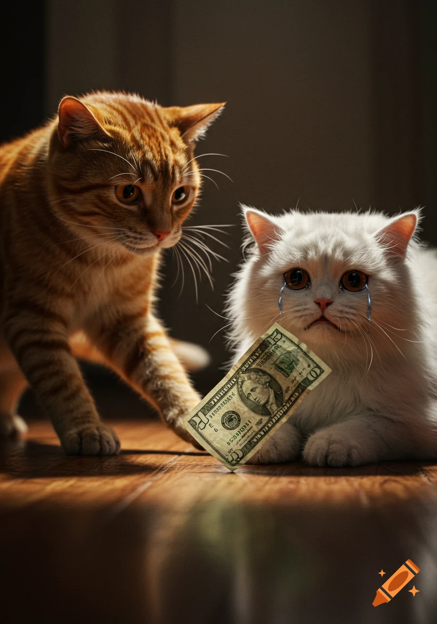 Photorealistic photo of a cat taking money from another crying cat on ...