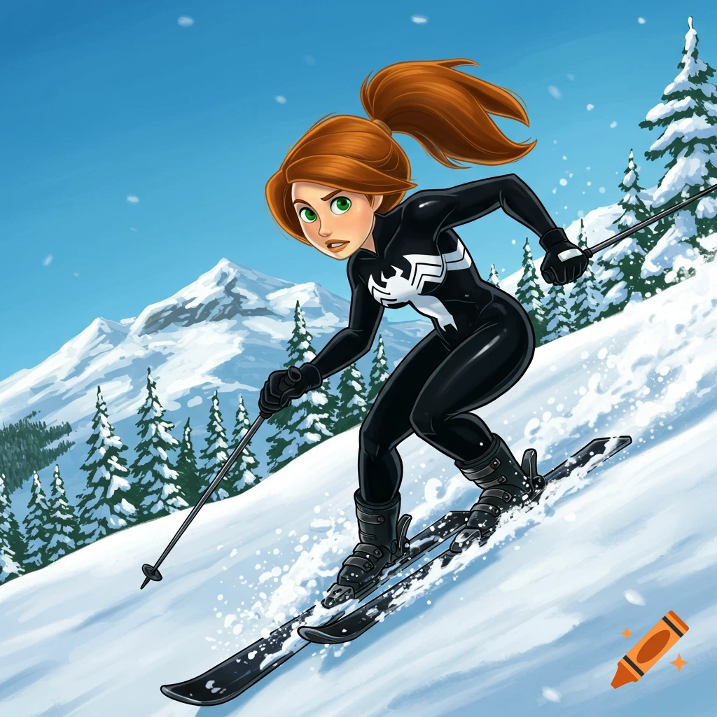 Kim Possible skiing in a black slime suit on Craiyon