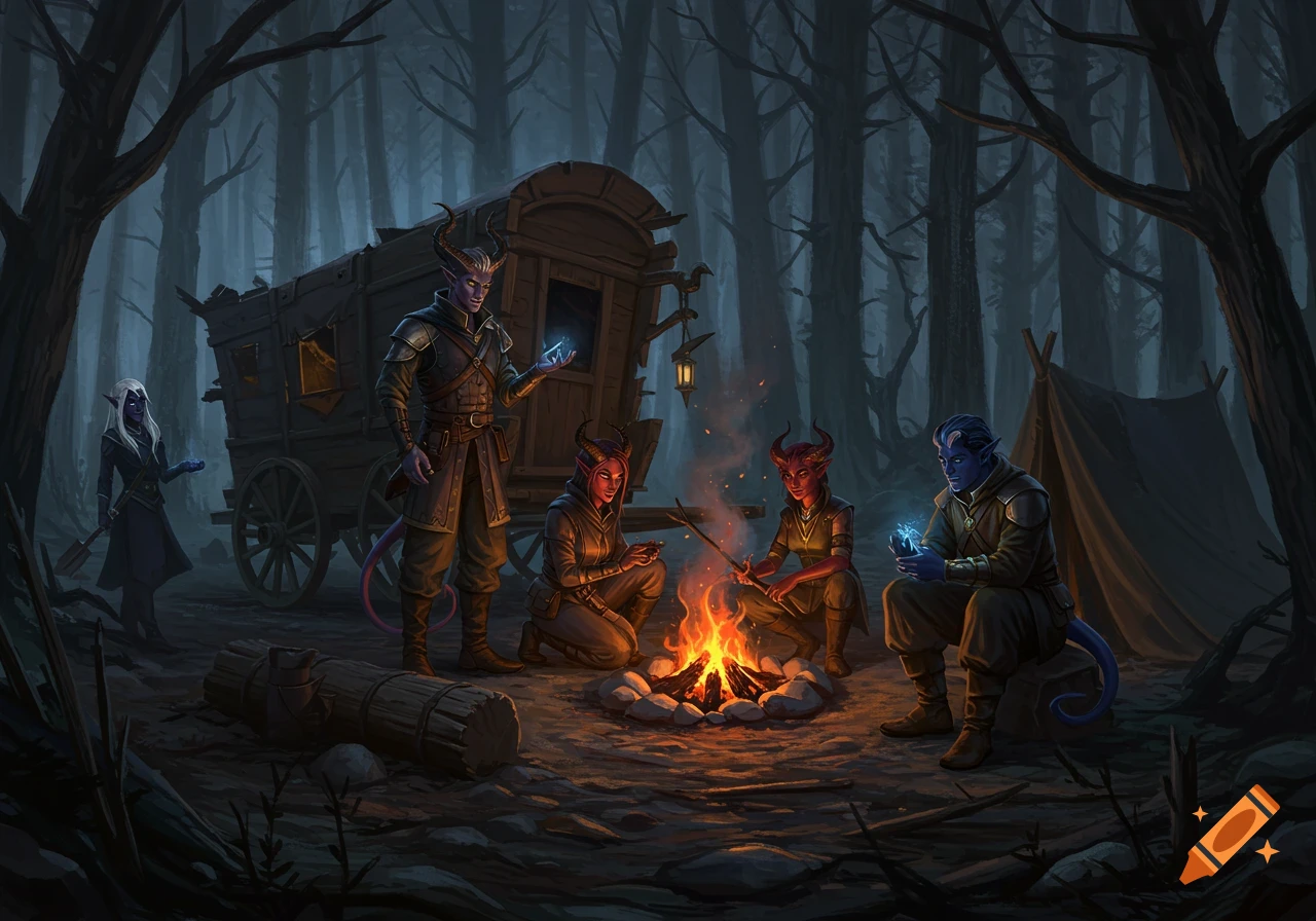 Illustration of fantasy figures in a forest with a large bell overhead and a bird flying on Craiyon