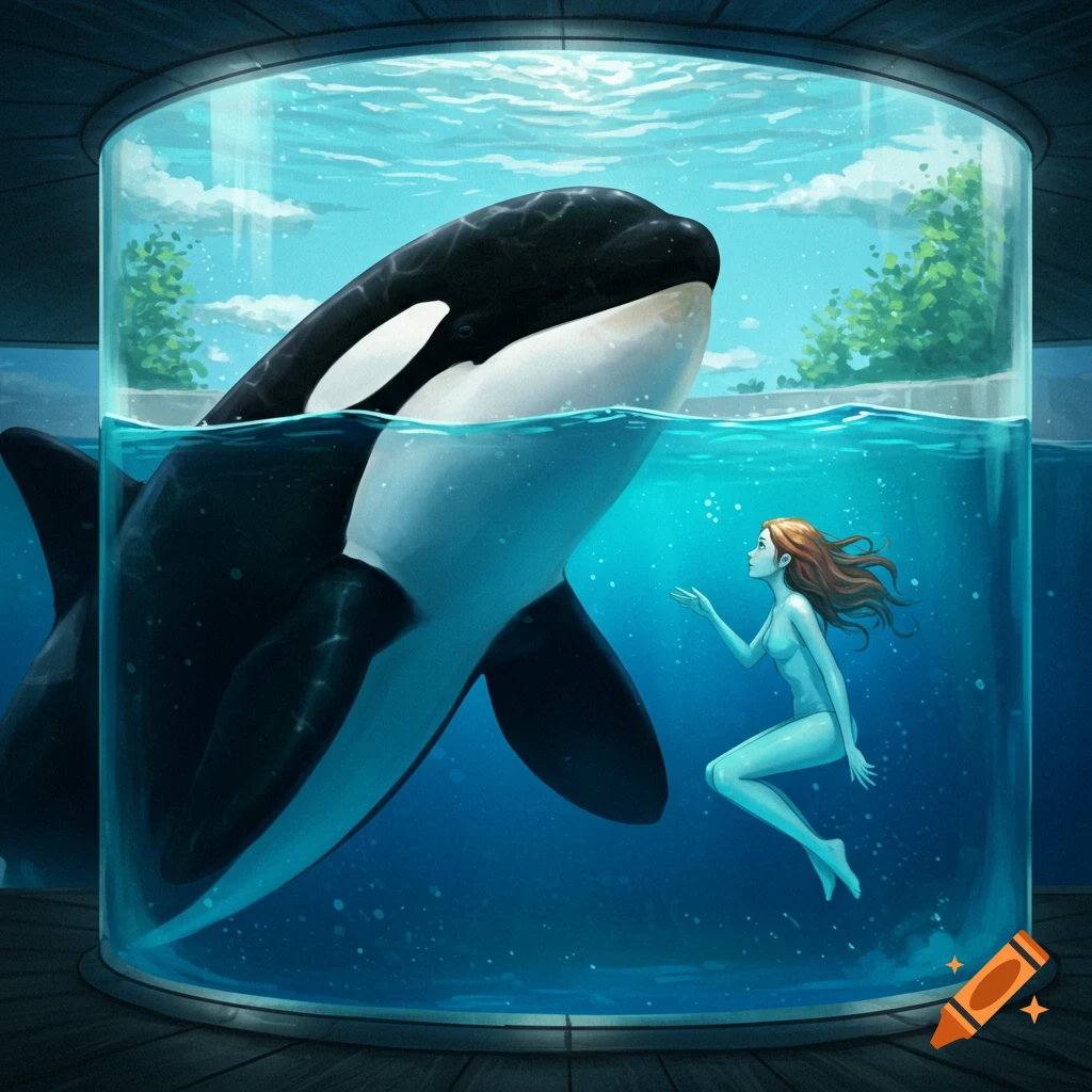 A human figure floats in a large aquarium tank with an orca looking at ...