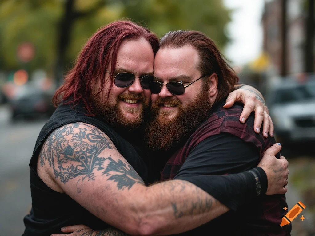 Randy from Trailer Park Boys hugging Shaun Morgan from Seether on Craiyon