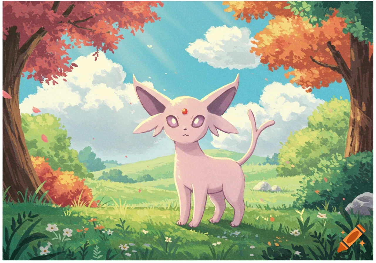 A pink cat-like creature with large ears stands in a colorful meadow in ...