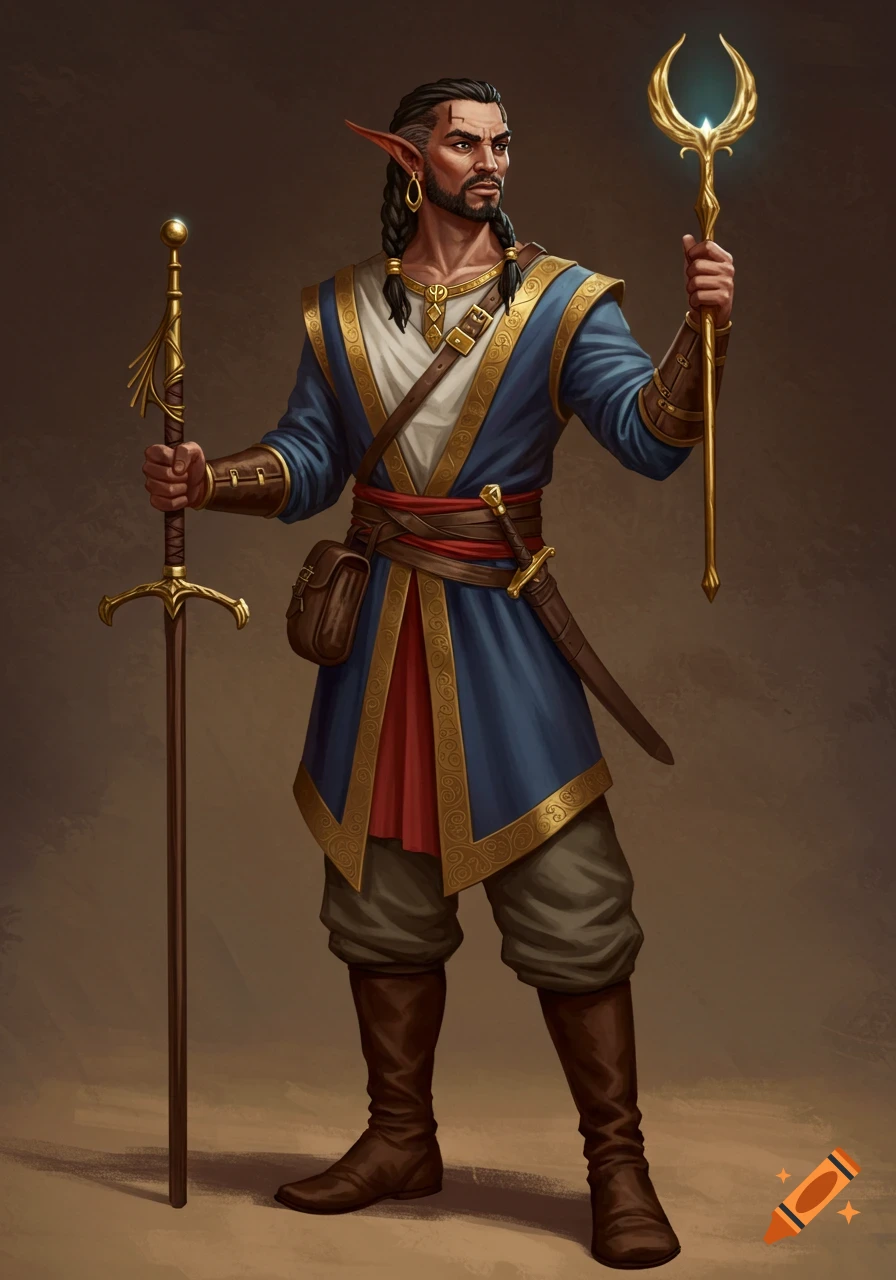 Fantasy portrait of an elf-like man in robes holding a sword and ...