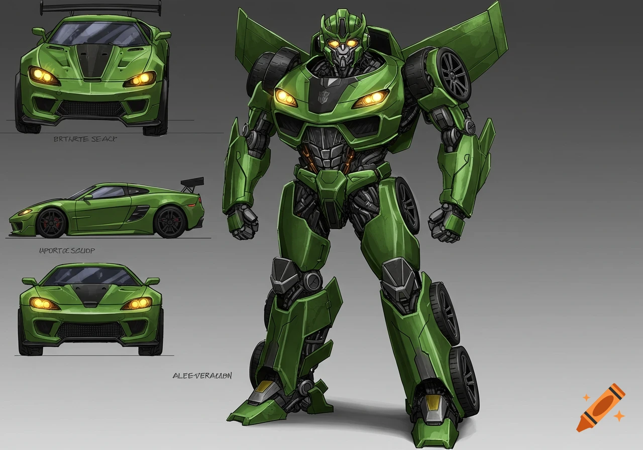 Green robot transformer concept art with views of its sports car ...
