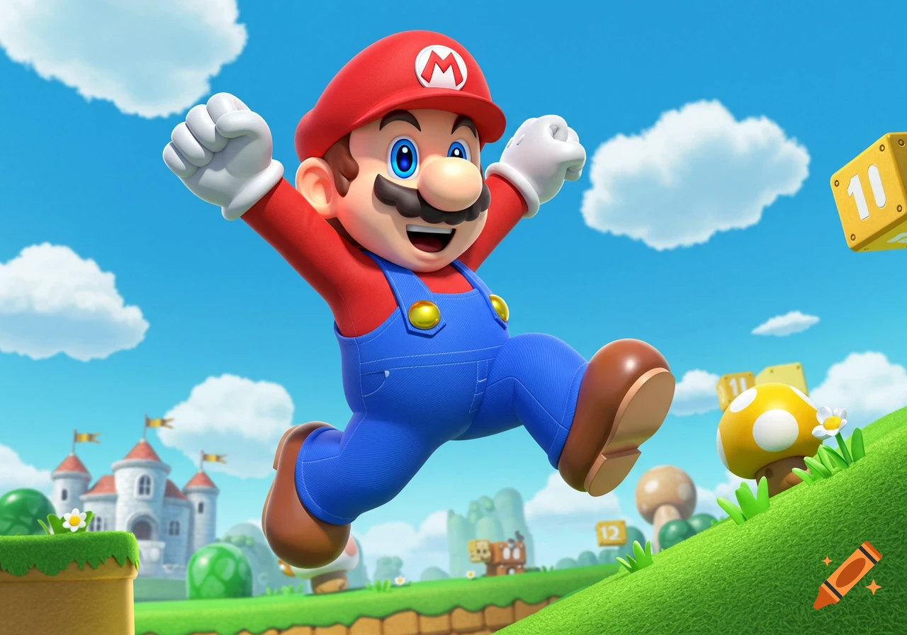 Mario in blue overalls jumps on a green pipe, surrounded by gold coins ...