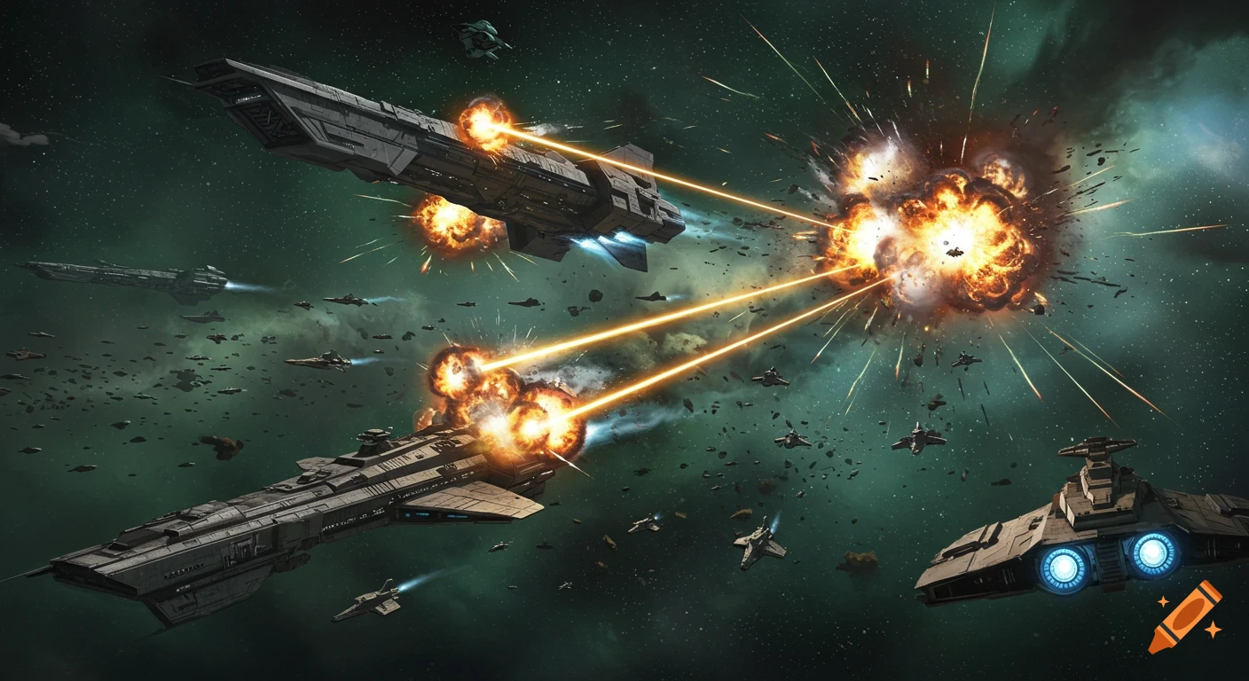 Digital art of a vibrant space battle with spaceships, red and green ...