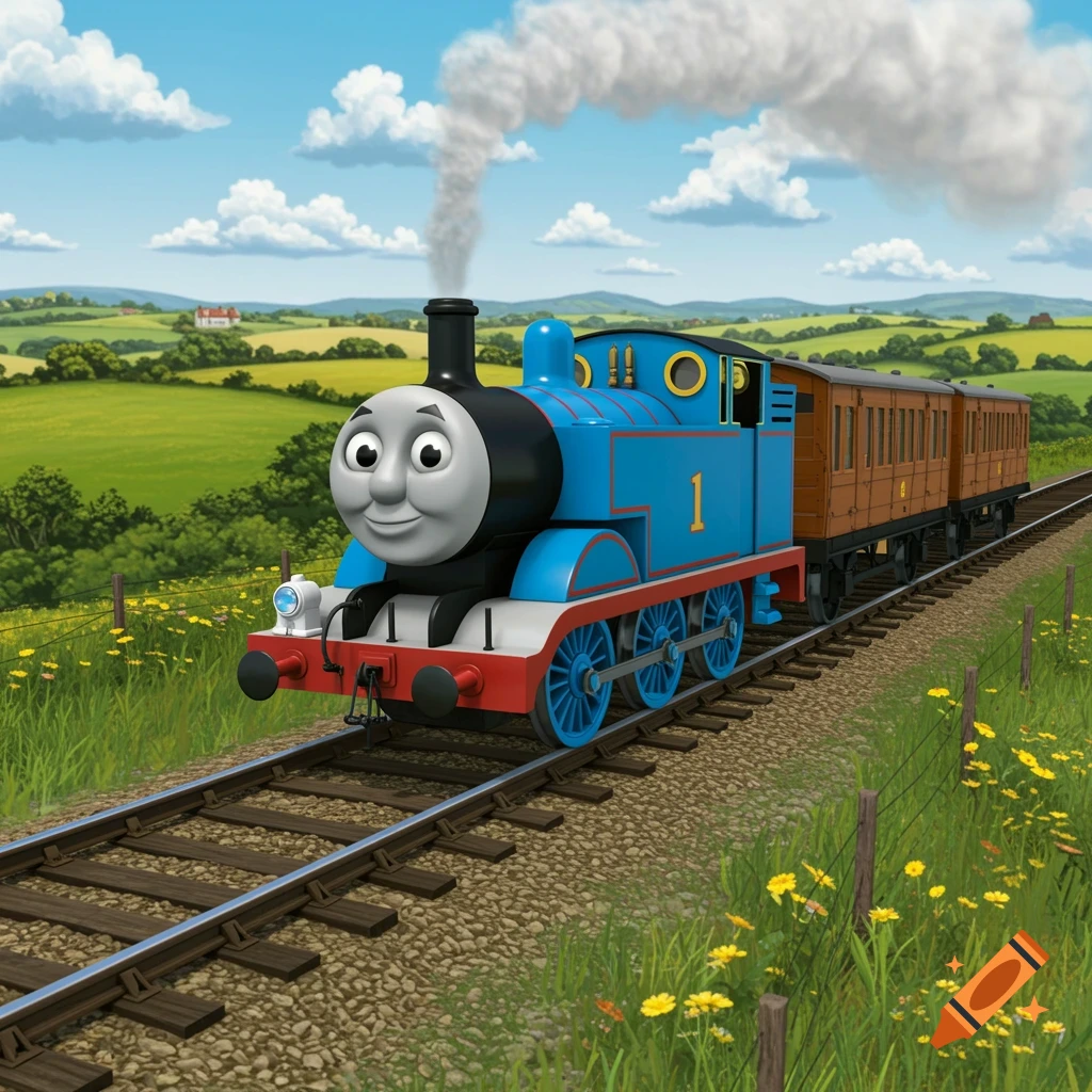 Thomas the Tank Engine, a blue cartoon train, chugs along a track in a ...