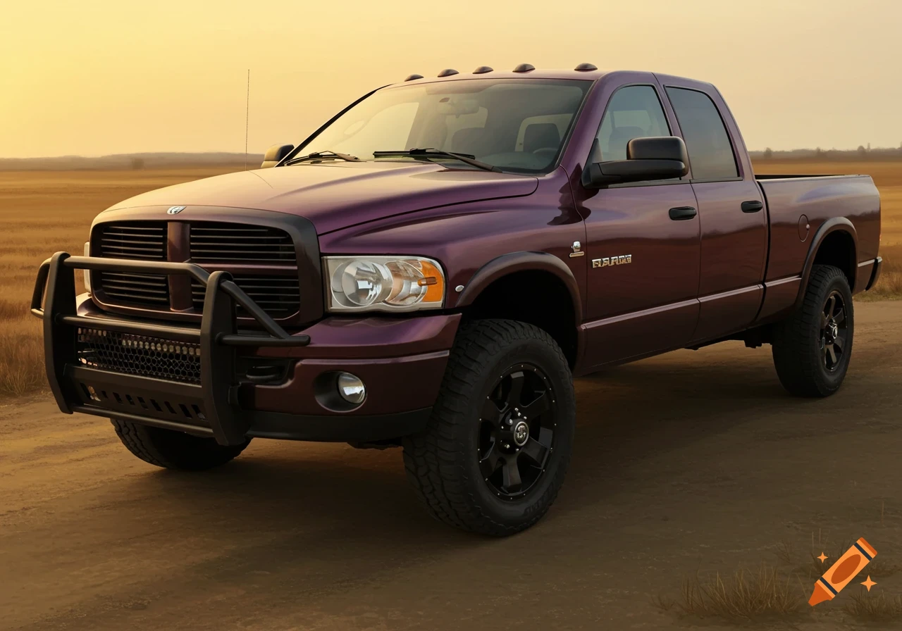 Maroon Dodge truck with a Lance truck camper parked on a dirt road in a ...