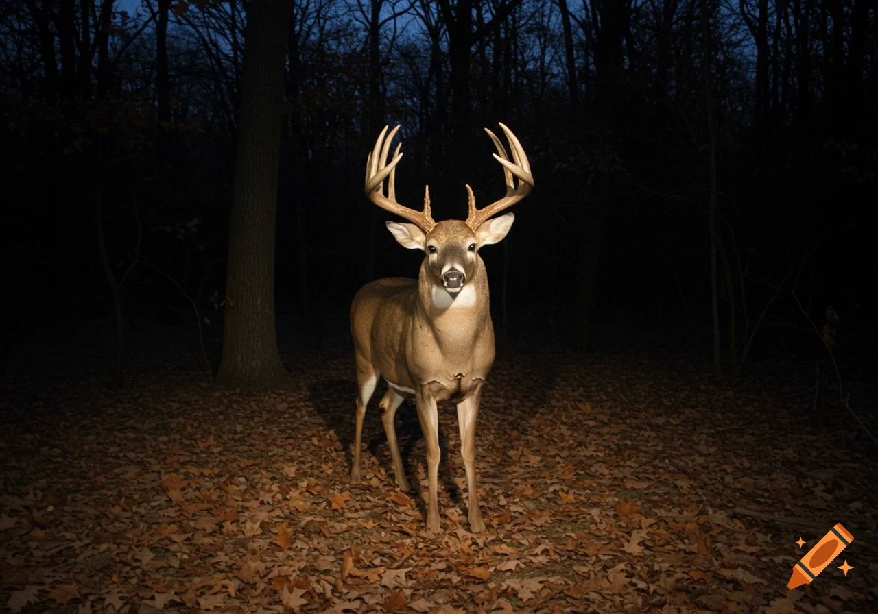 Realistic whitetail buck standing in a forest, looking at the camera ...