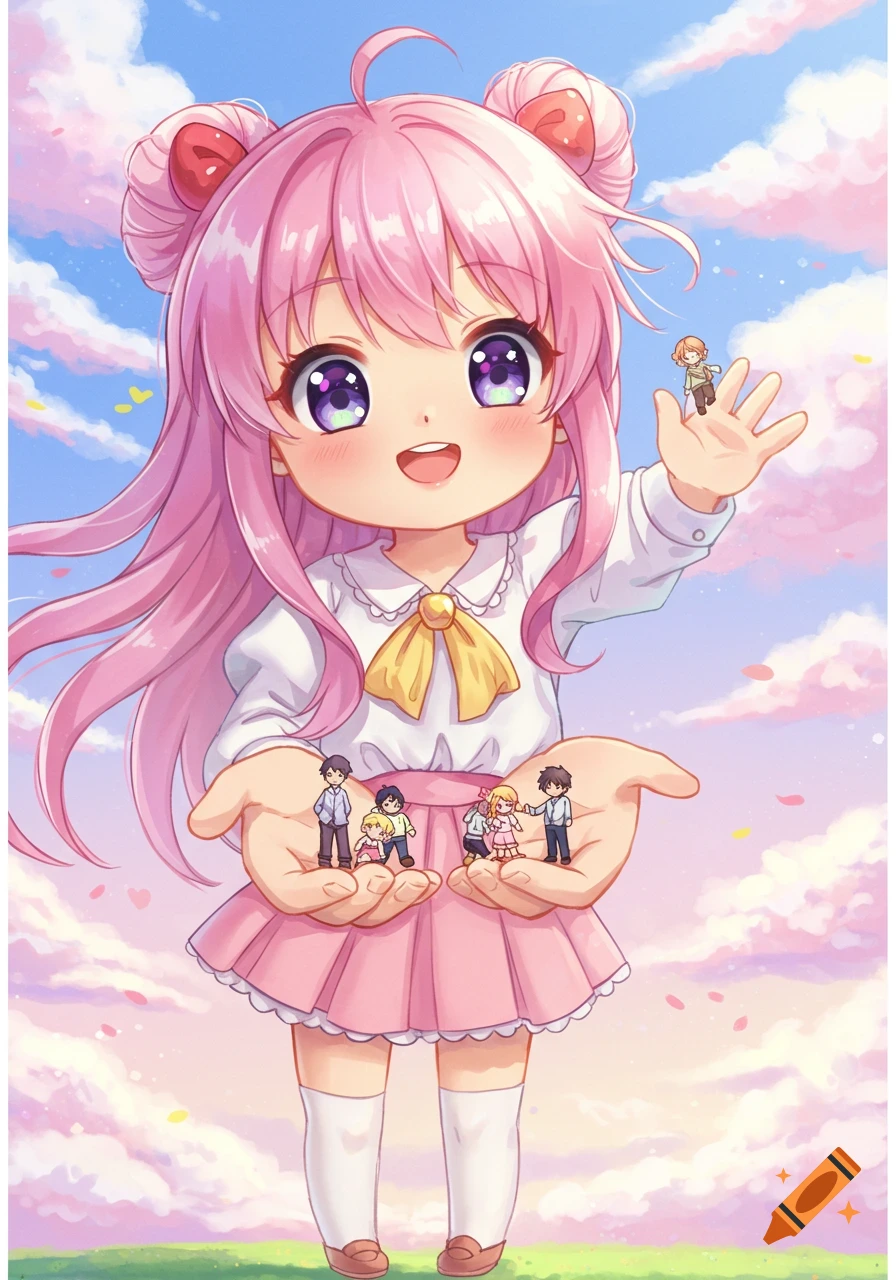 A cute giant anime girl holds tiny people in her hands outdoors on Craiyon