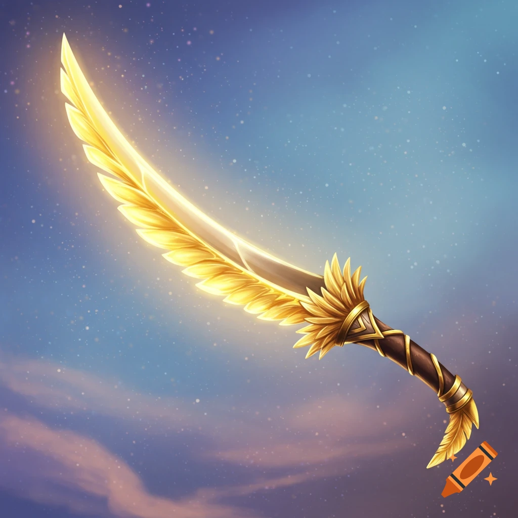 A golden angelic scimitar floating in a cloudy, starry sky. on Craiyon