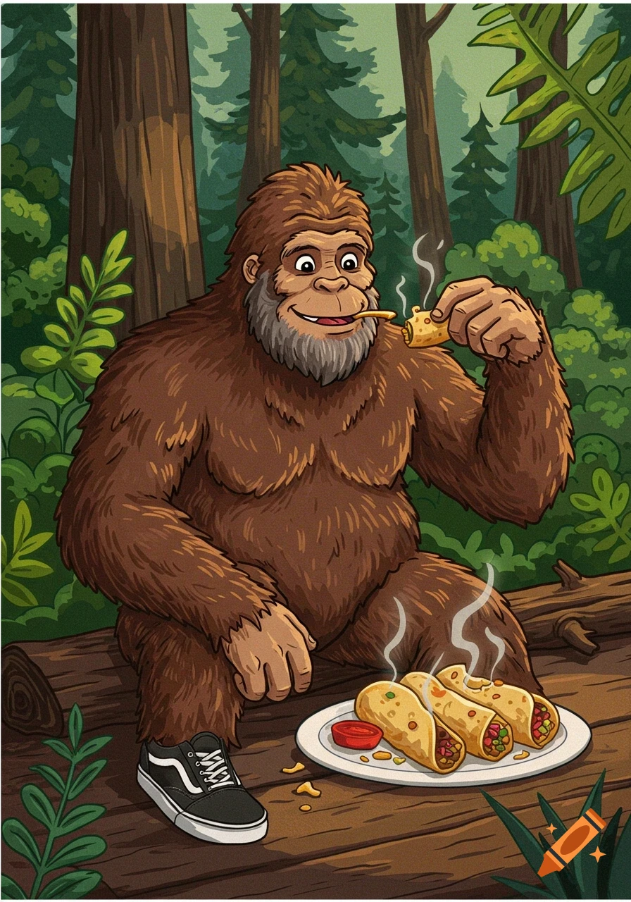 Bigfoot eating taquitos, wearing Vans shoes in the Pacific Northwest on ...