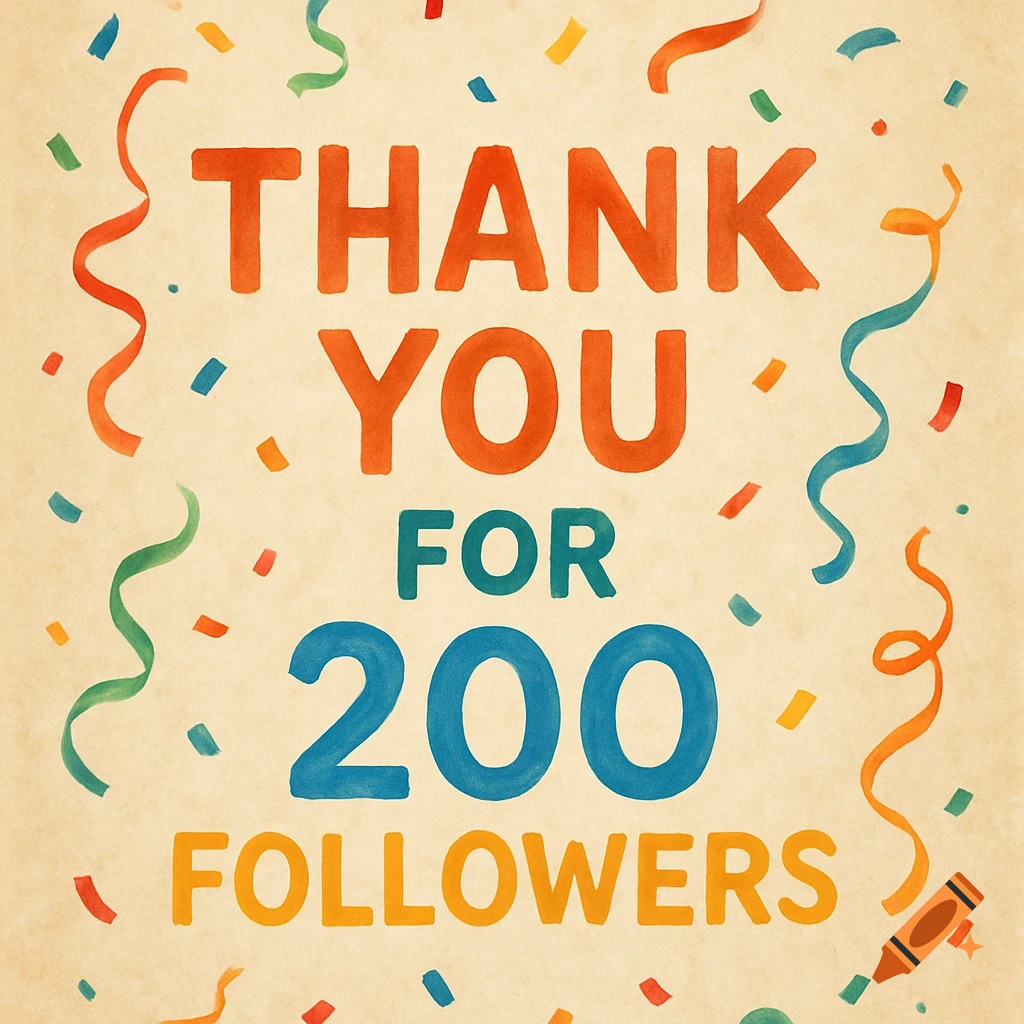 Illustration with orange and blue text "THANK YOU FOR 200 FOLLOWERS ...