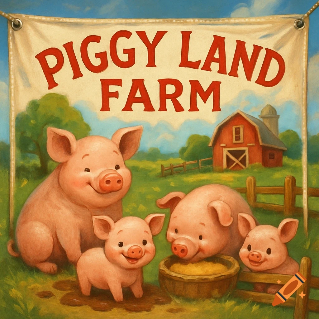 Three cute pigs and a piglet are on a farm under a banner reading ...