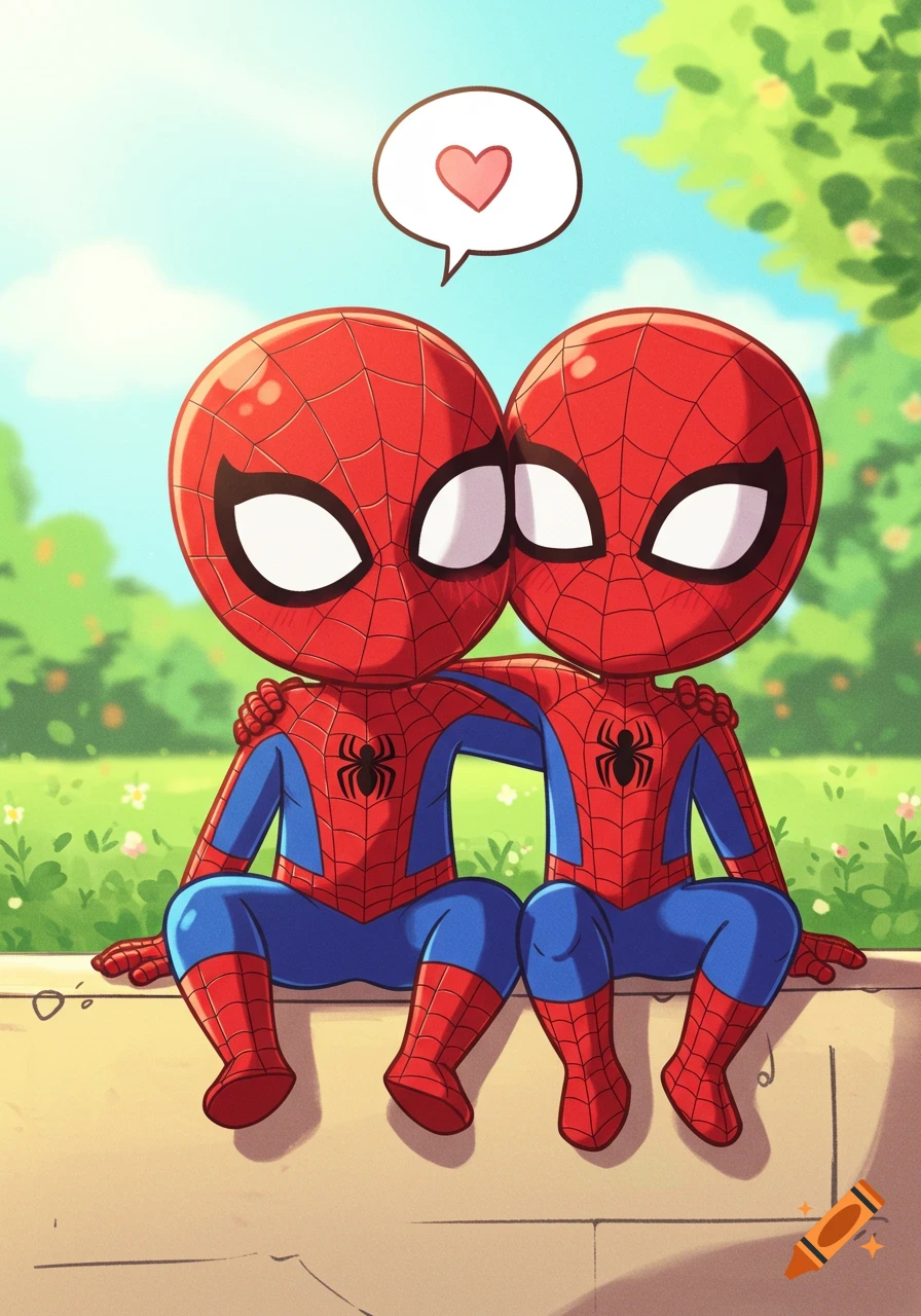 Two chibi Spider-Man characters sit on a wall with a heart above them ...
