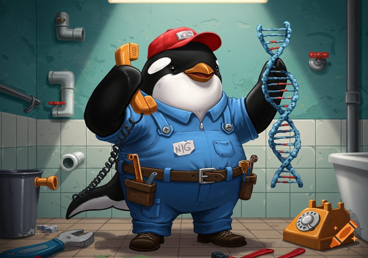 Cartoon orca penguin plumber holding a phone and a DNA strand in a room ...