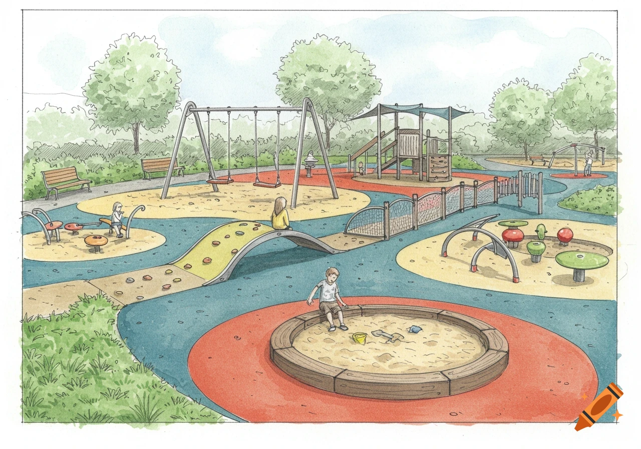 A bird's eye view sketch of a playground layout with different activity ...