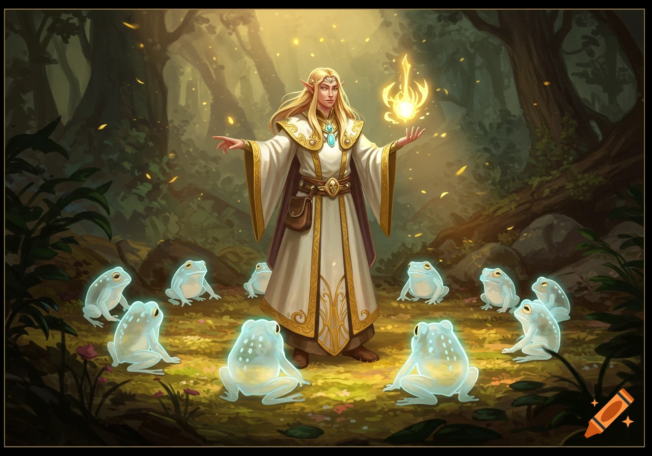 An elf cleric stands in a forest casting a spell on a circle of glowing ...
