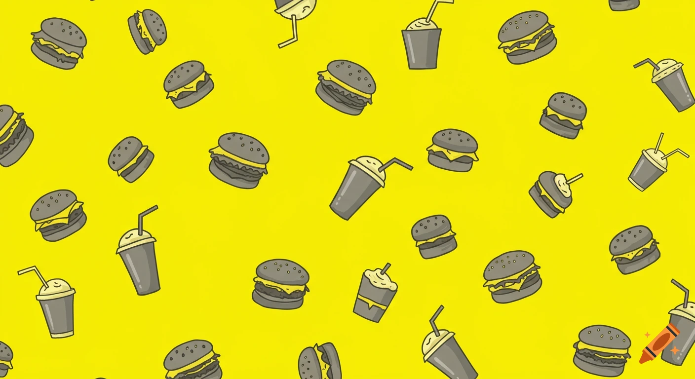 A repeating pattern of gray outline drawings of burgers and milkshakes ...