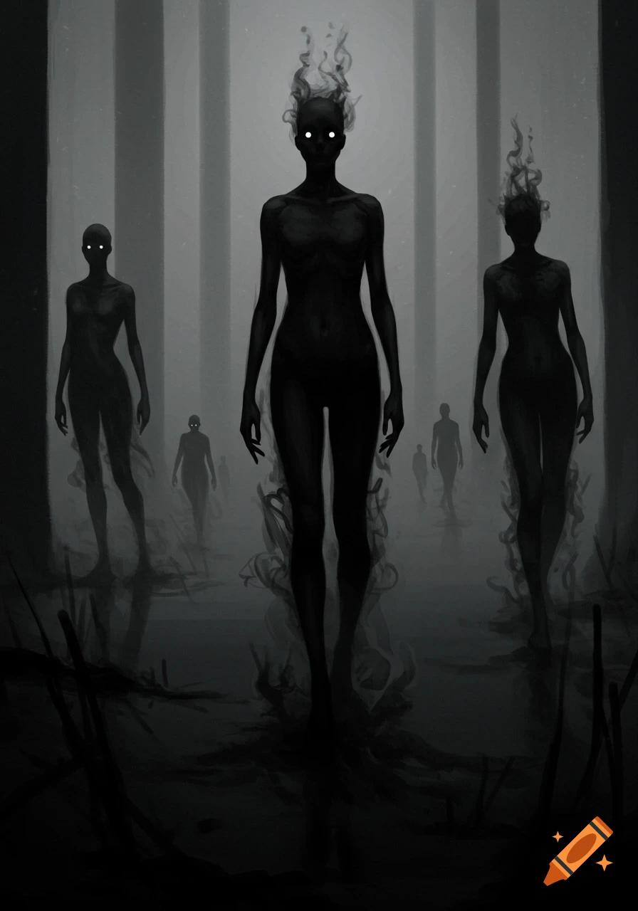 Dark, shadowy figures with glowing eyes standing in a misty forest. on Craiyon