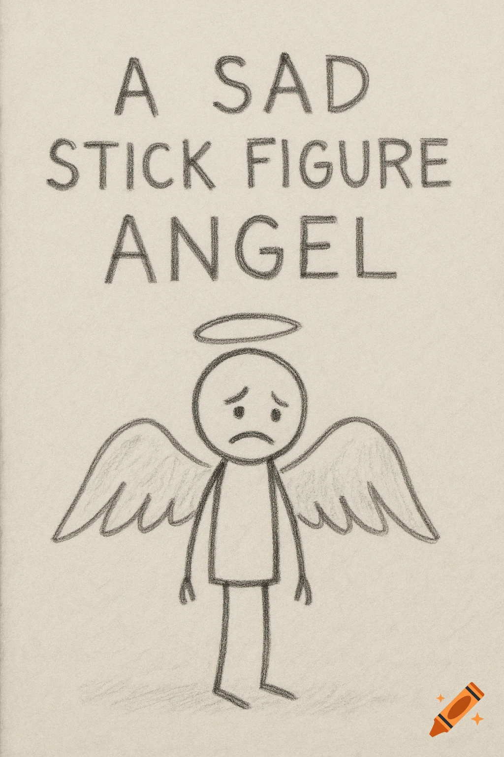 A pencil sketch of a sad stick figure angel with wings and a halo, with ...