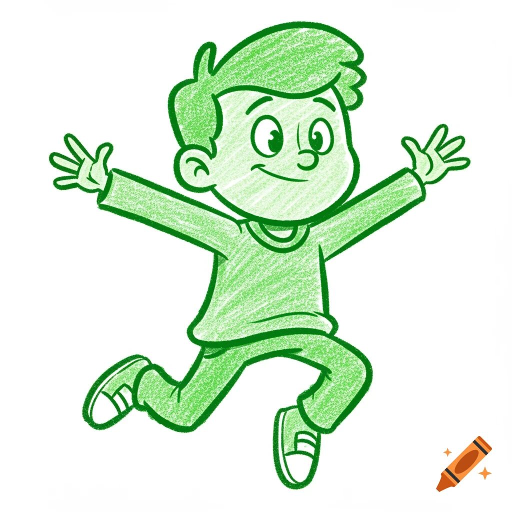 Cartoon boy jumping in a vibrant green crayon style. on Craiyon