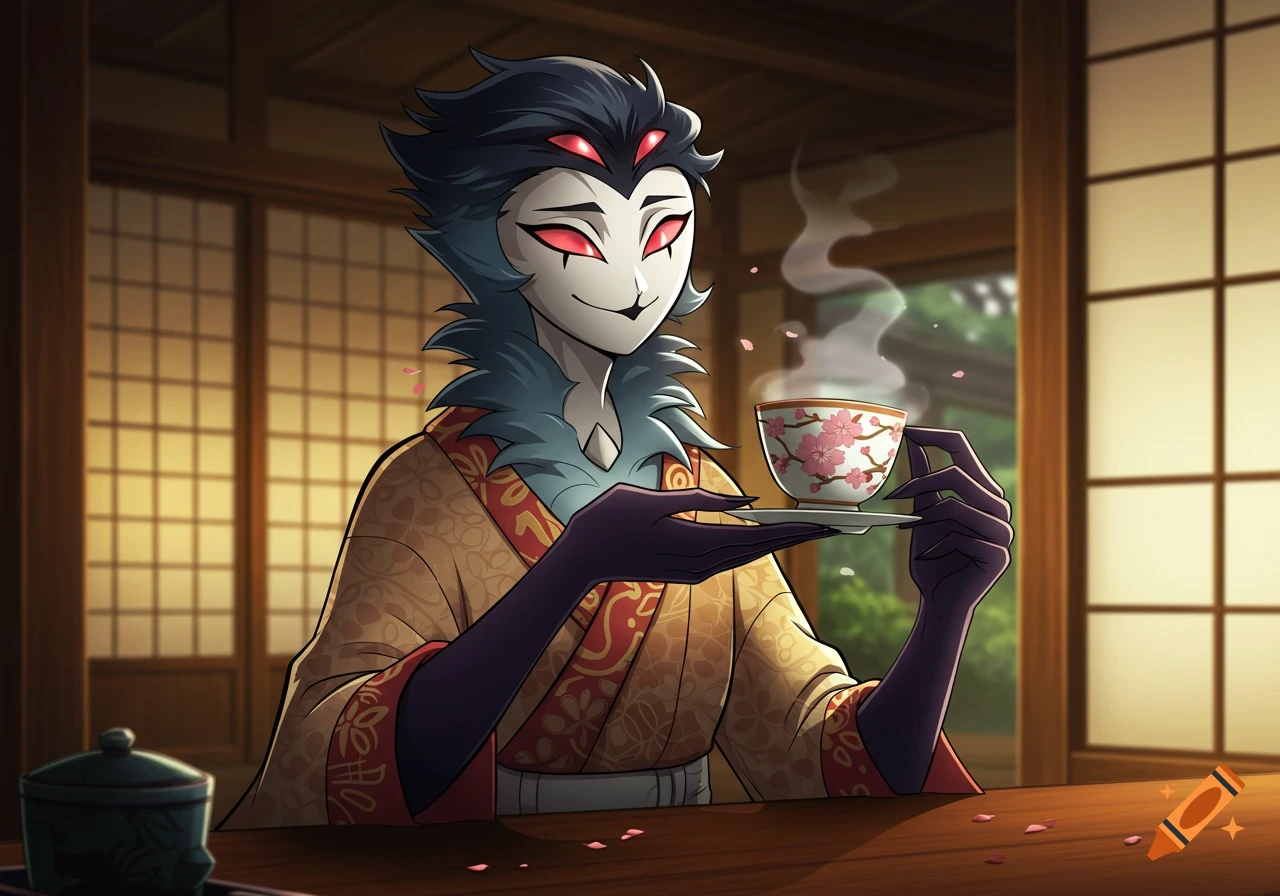 Anime-style art of a demon character (Stolas) in a kimono, holding a ...