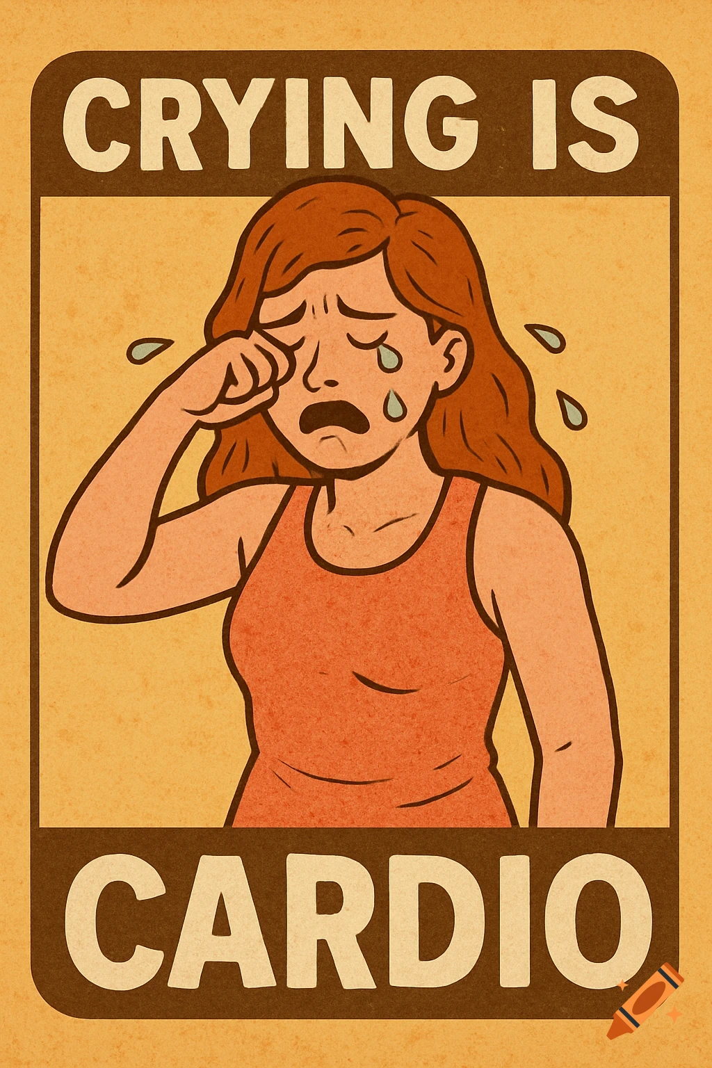 Illustration of a woman crying on a poster that reads 'CRYING IS CARDIO ...