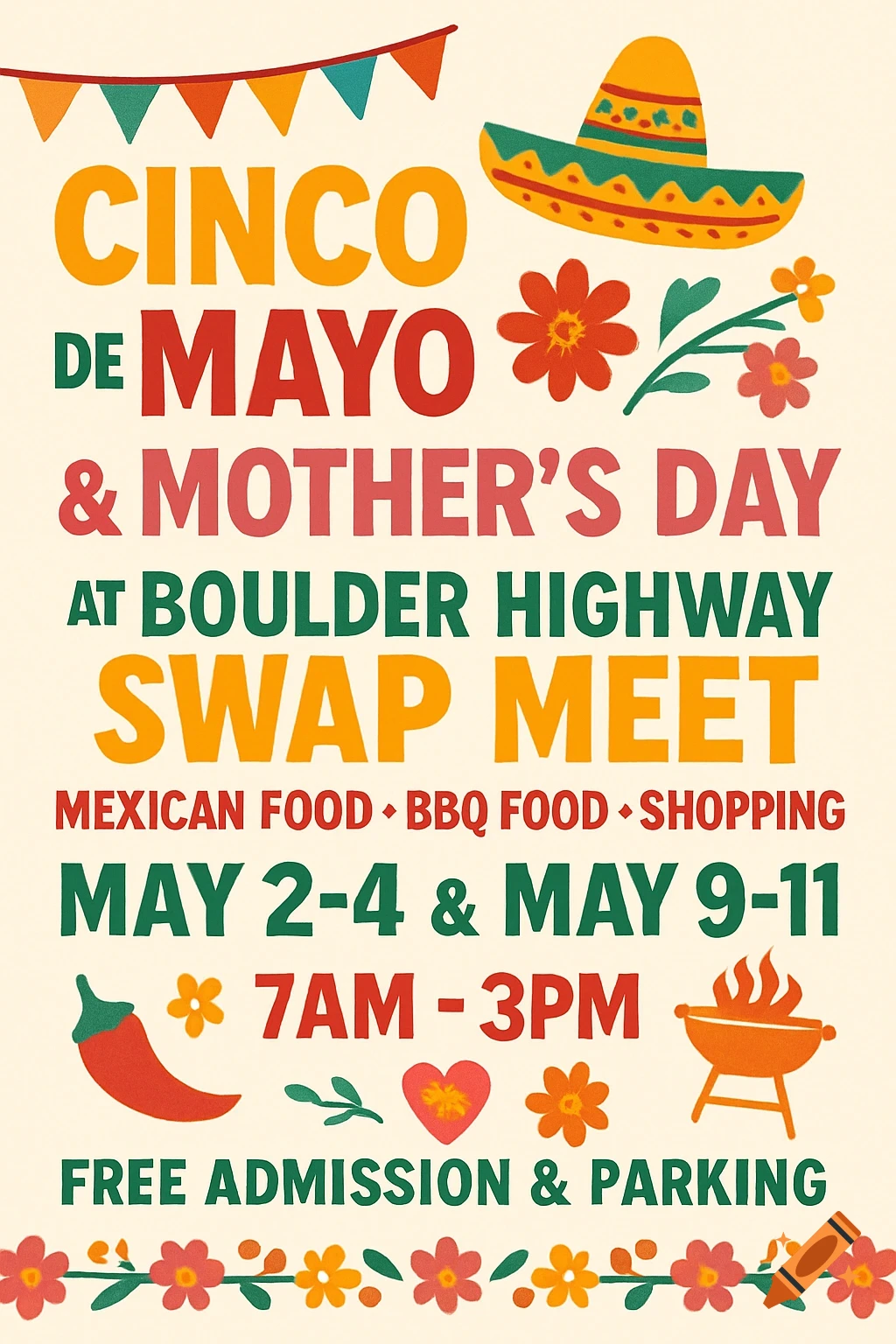 Cinco de Mayo & Mother's Day flyer for Boulder Highway swap meet on Craiyon