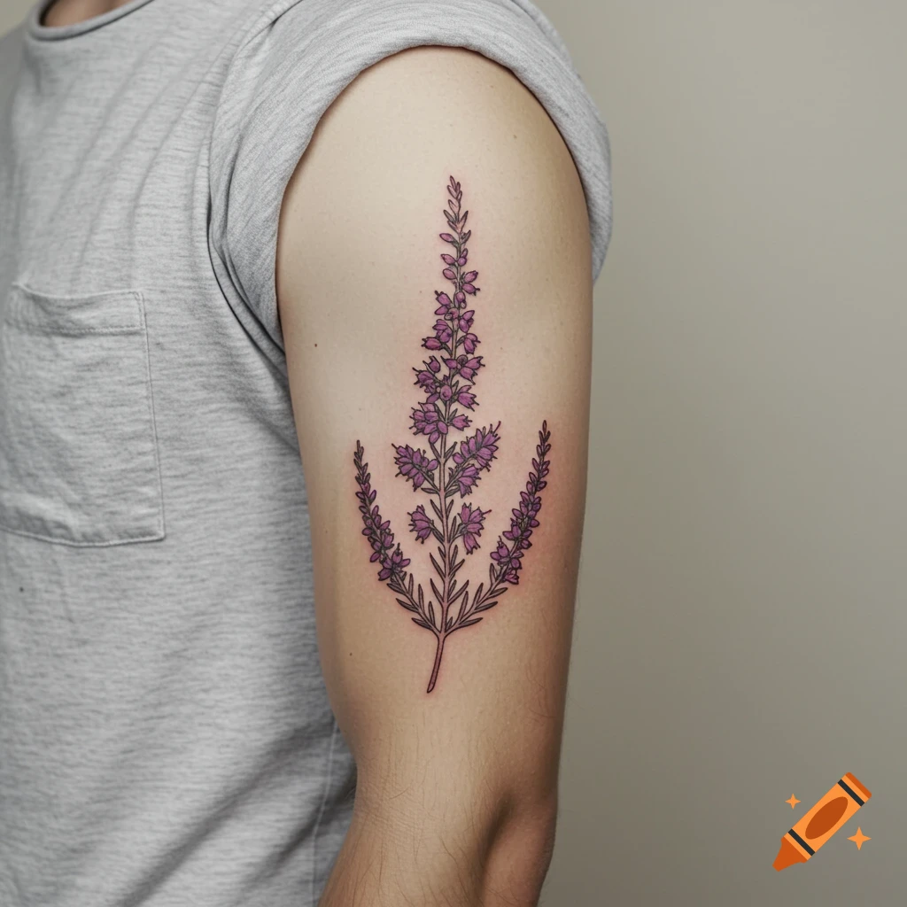 Heather flower tattoo on man's bicep on Craiyon