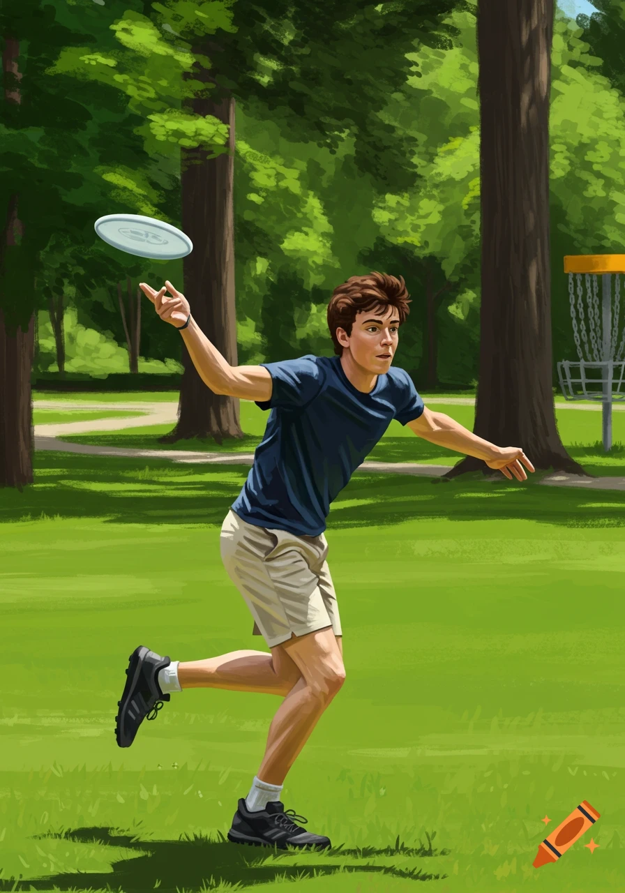 An older man throws a disc while playing disc golf in a park. on Craiyon