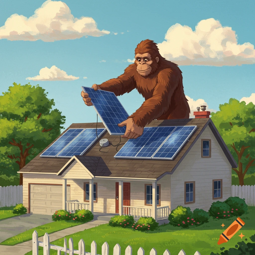 Bigfoot installing solar panels on a house roof, concept art ...