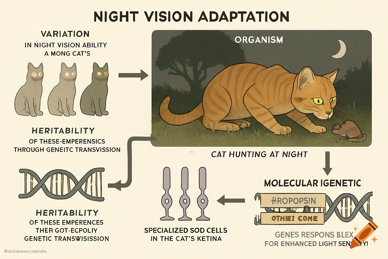 Scientific illustration of cat night vision adaptations on Craiyon