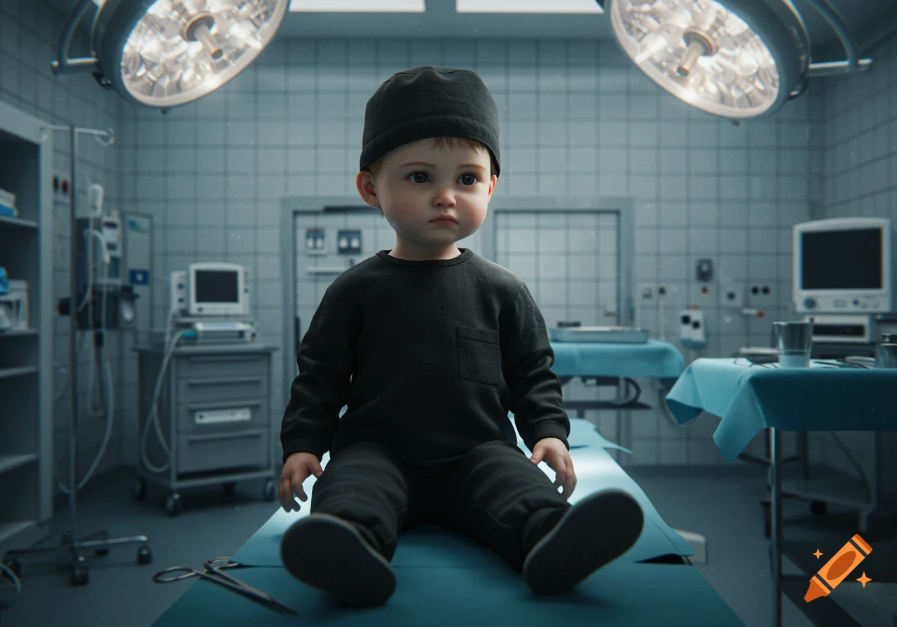 Baby in black scrubs in a hyper-realistic 3D operating room on Craiyon