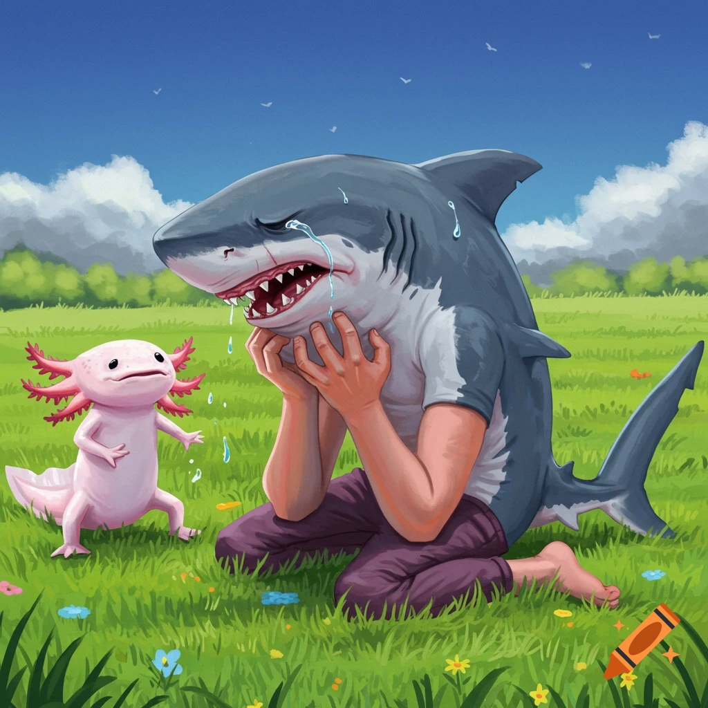 Surreal image of a shark with human legs crying, and an axolotl ...